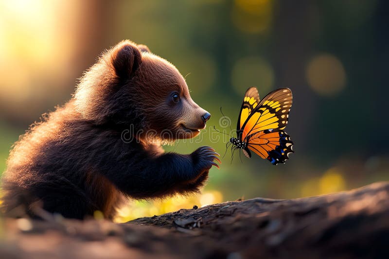 A Bear Cub Playing with a Butterfly in a Sunny Clearing, with a ...