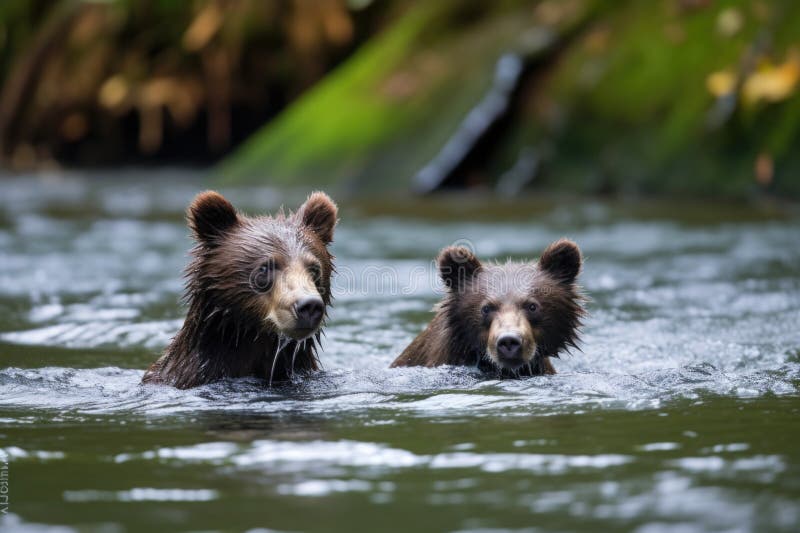 Bear Cub Siblings Fish in a River Stock Photo - Image of fishing ...