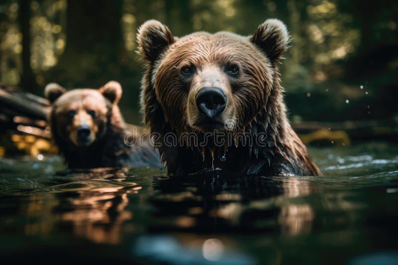 Bear with a Cub Swimming Water. Generative AI Stock Illustration ...