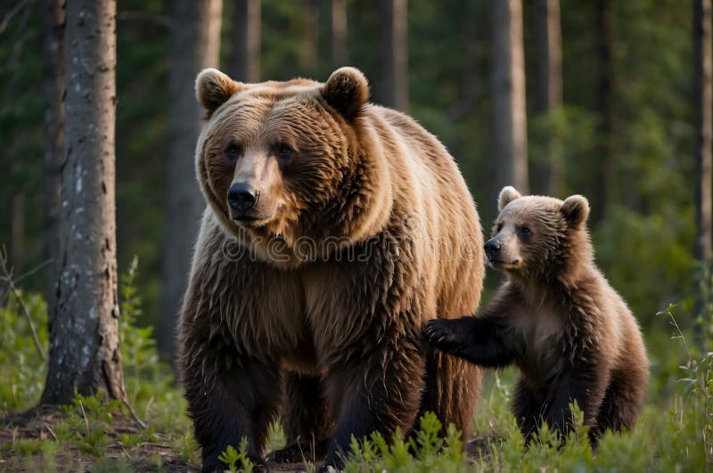 A Bear with Cubs in the Forest in the Rays of the Sun Stock ...