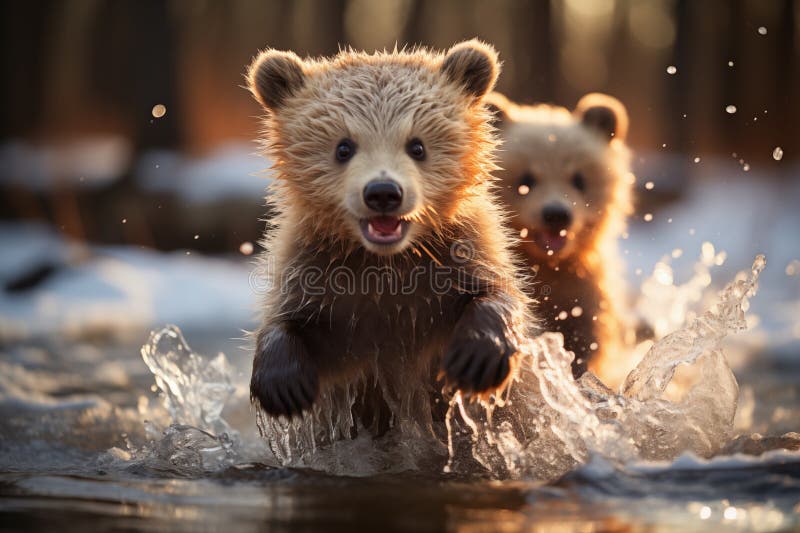 Bear Cubs Frolic Playful Splash in a Puddle Adventure Stock ...