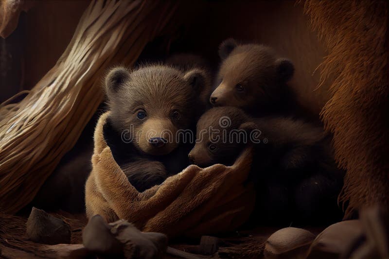Bear Cubs Playing in the Den, Surrounded by Soft Fur and Warmness Stock ...