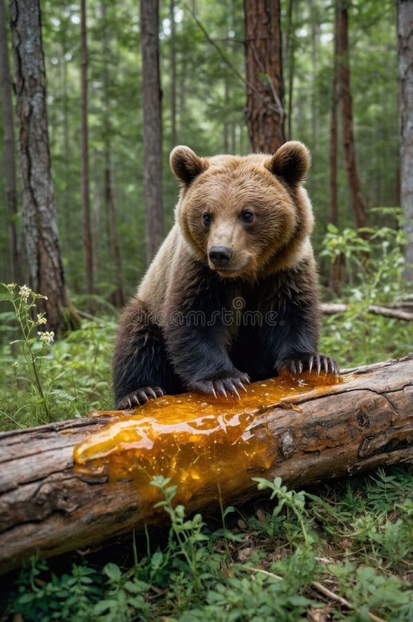 Young Brown Bear Cub Enjoying Honey in Forest Stock Illustration ...