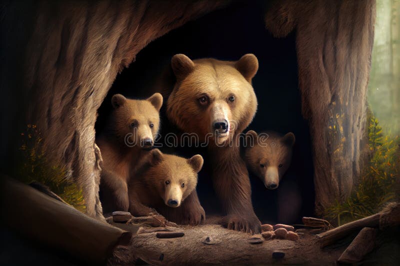 Bear Den with Cubs Playing and Exploring Stock Photo - Image of bear ...