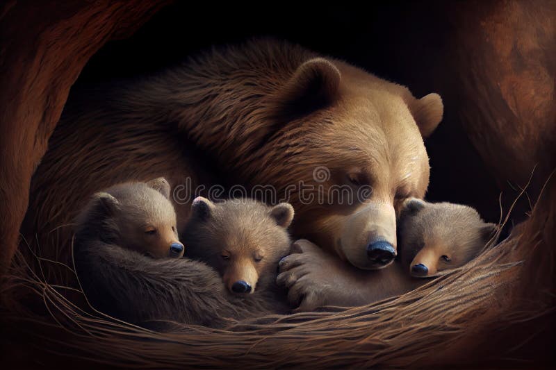 Bear Den with Newborn Cubs Sleeping Peacefully Stock Illustration ...