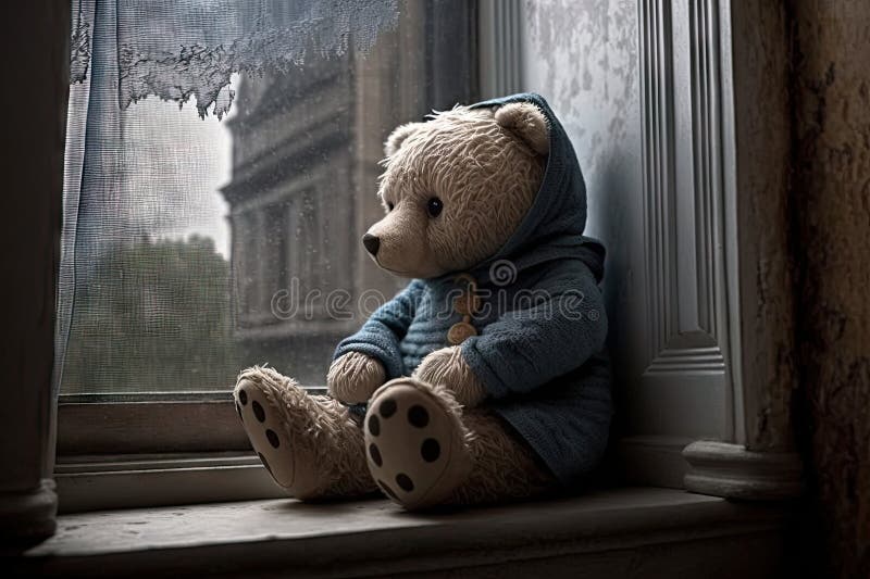 Bear Doll Sitting on a Window Sill, with View of the Outside World ...