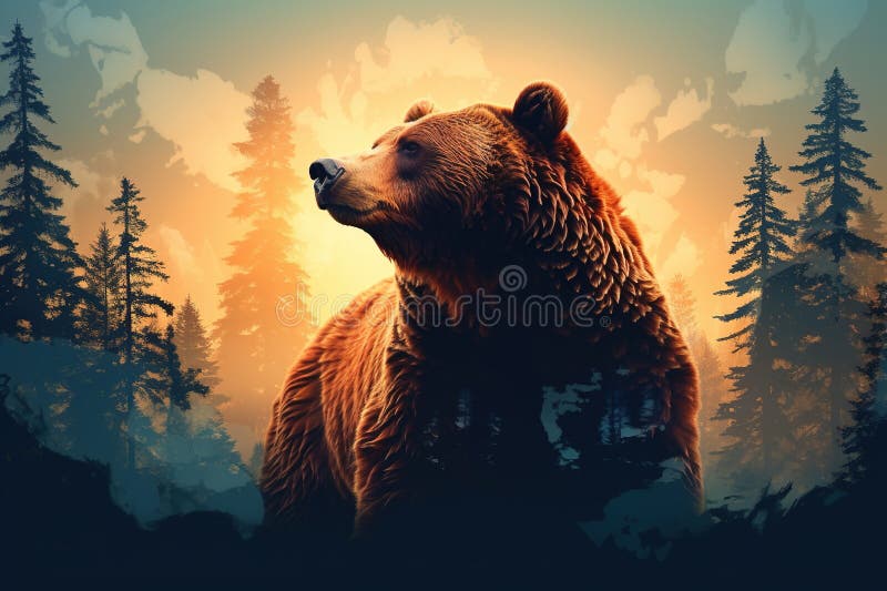 Bear in Double Exposure with Forest at Sunrise. Generative AI Stock Illustration - Illustration ...