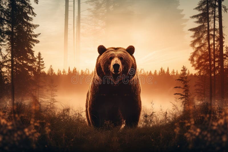 Bear in Double Exposure with Forest at Sundrise. Generative AI Stock Illustration - Illustration ...