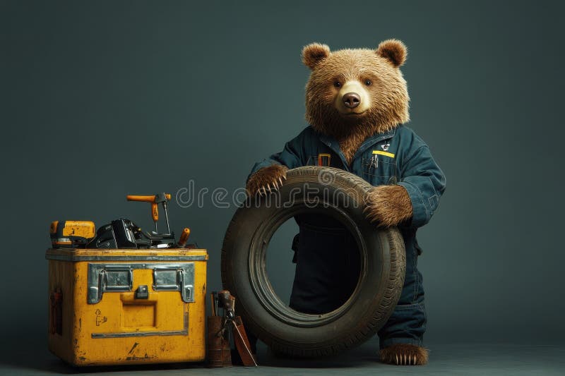 Bear Mechanic Fixing Tire Workshop Animal Portrait Studio Setting Close ...