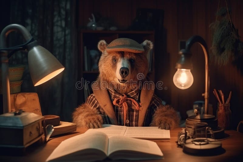 Bear Dressed Working at Night Sitting with Lamp Having a Lot of Tasks ...