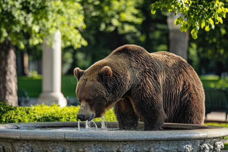 A Bear Drinking from a Park Fountain in a City Park Stock Illustration ...