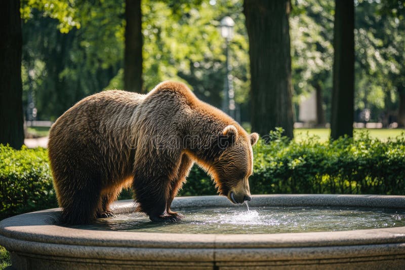 A Bear Drinking from a Park Fountain in a City Park Stock Illustration ...