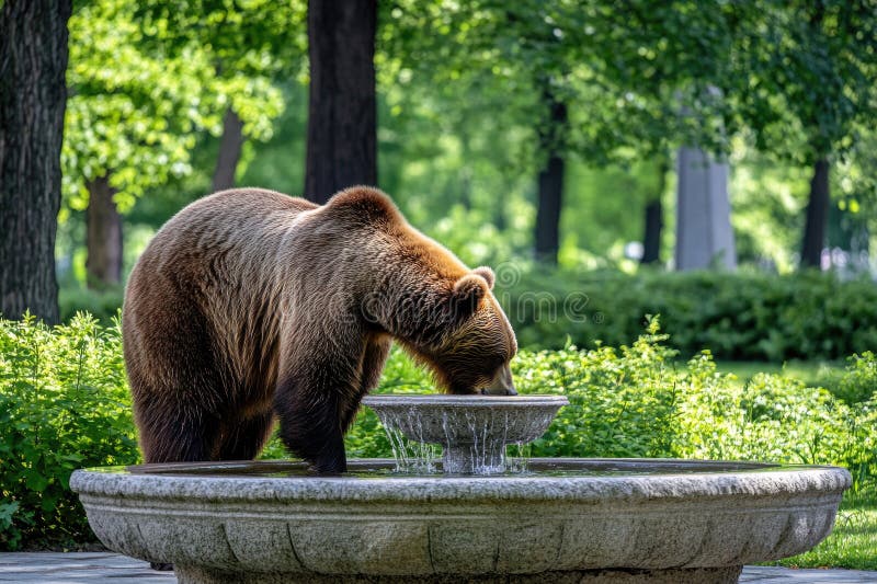 A Bear Drinking from a Park Fountain in a City Park Stock Illustration ...