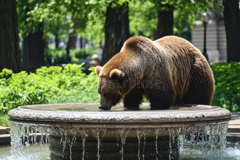 A Bear Drinking from a Park Fountain in a City Park Stock Illustration ...