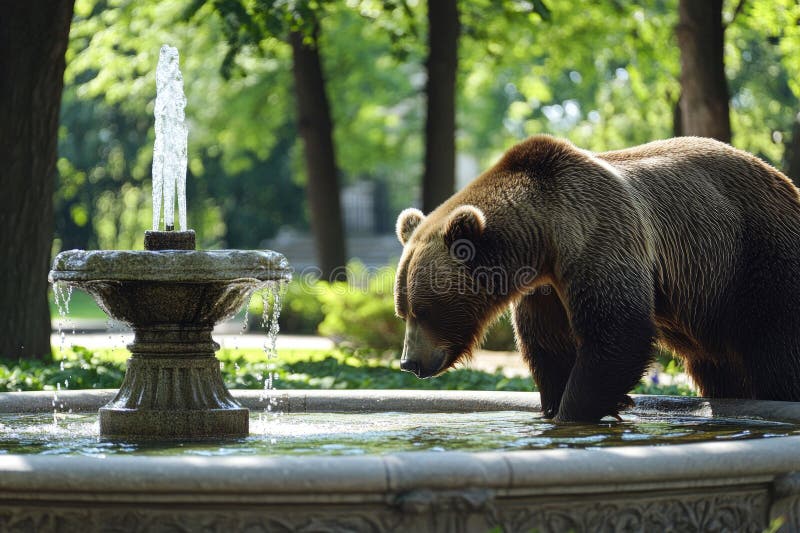 A Bear Drinking from a Park Fountain in a City Park Stock Illustration ...
