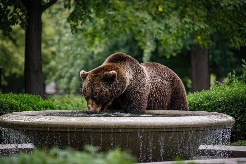 A Bear Drinking from a Park Fountain in a City Park Stock Illustration ...
