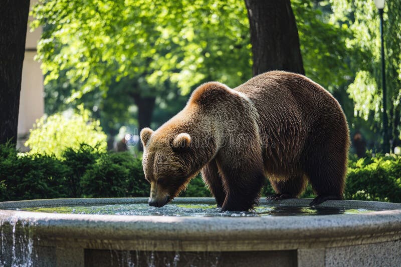 A Bear Drinking from a Park Fountain in a City Park Stock Illustration ...