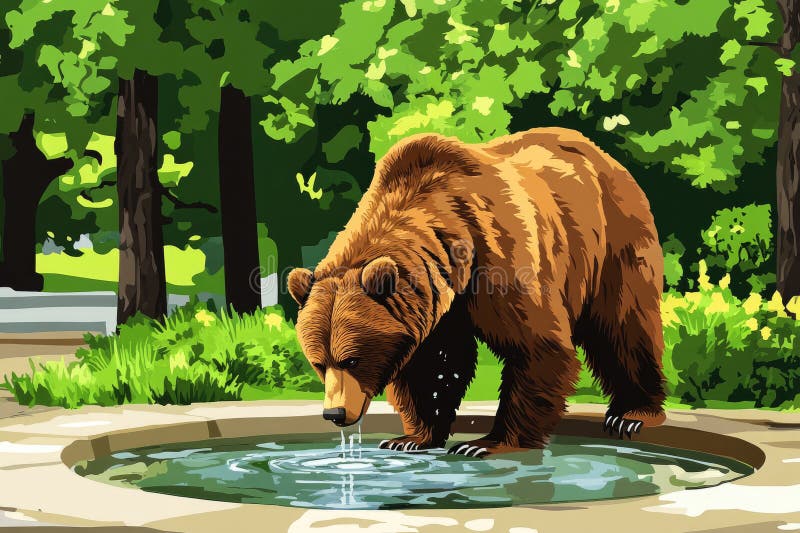 A Bear Drinking from a Park Fountain in a City Park Stock Illustration ...