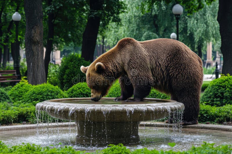 A Bear Drinking from a Park Fountain in a City Park Stock Illustration ...