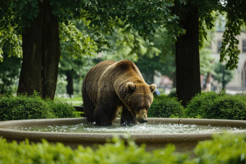 A Bear Drinking from a Park Fountain in a City Park Stock Illustration ...