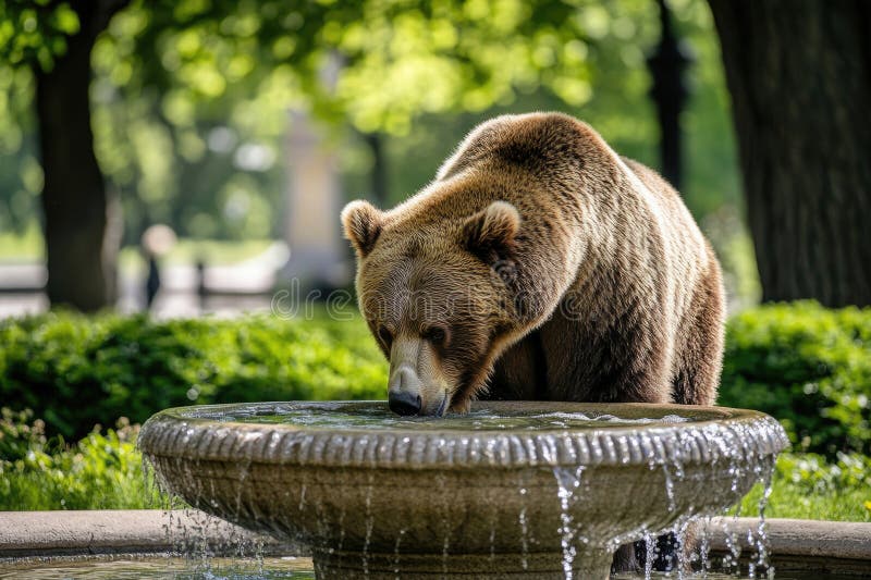 A Bear Drinking from a Park Fountain in a City Park Stock Illustration ...