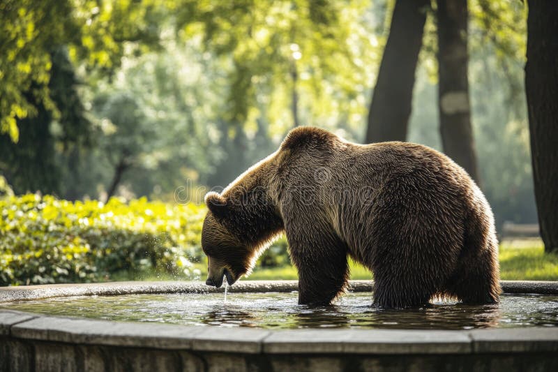 A Bear Drinking from a Park Fountain in a City Park Stock Illustration ...