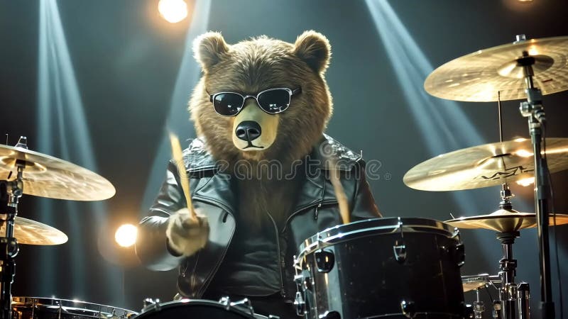 Bear Drummer in Leather Jacket Playing Drums on Stage Under Spotlights ...