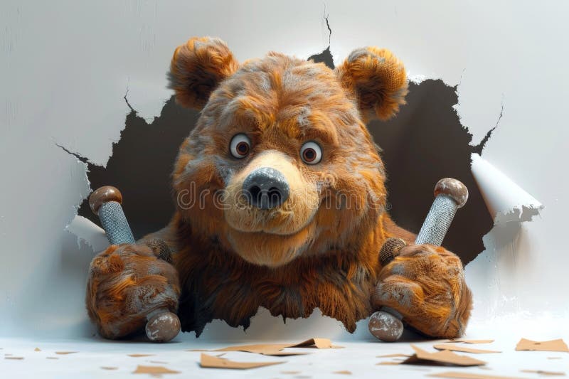 A Bear with Dumbbells Breaks through the Torn Paper. 3d Illustration ...
