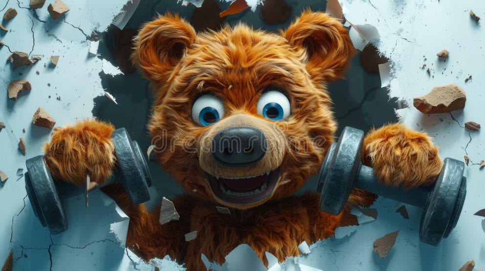 A Bear with Dumbbells Breaks through the Torn Paper. 3d Illustration ...