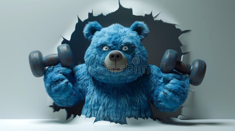A Bear with Dumbbells Breaks through the Torn Paper. 3d Illustration ...