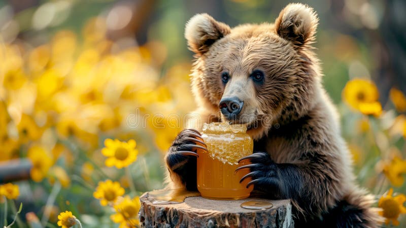 A Bear Holding a Honey in the Flower Garden Stock Illustration ...