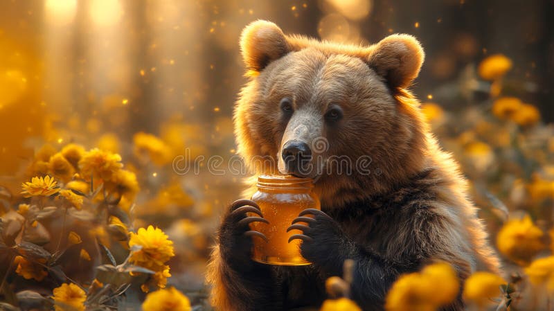 A Bear Holding a Honey in the Flower Garden Stock Illustration ...