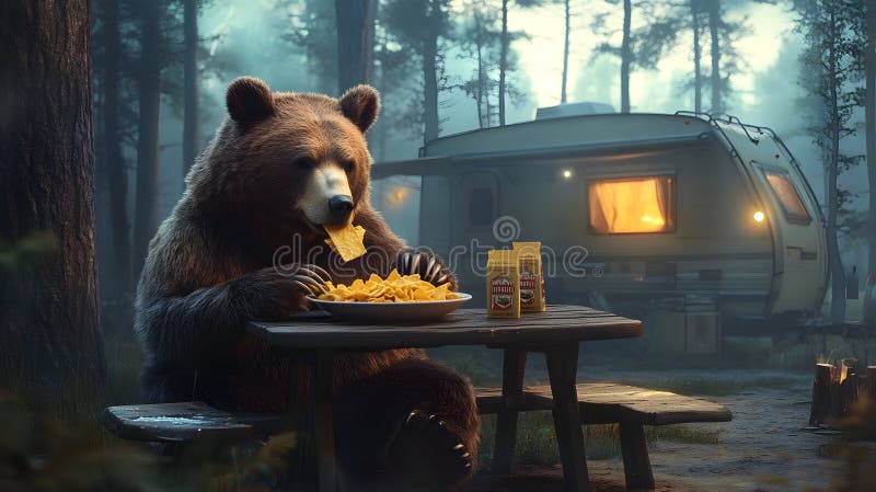 Bear Enjoying Chips at Campground Table with Caravan in Forest Stock ...