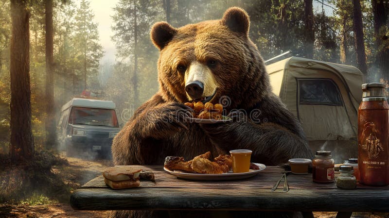 Bear Enjoying Picnic in a Forest Campground Setting Stock Image - Image ...