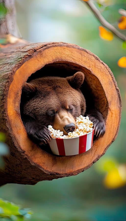 A Bear Enjoying Popcorn from a Bowl Inside a Hollow Tree in a Forest ...