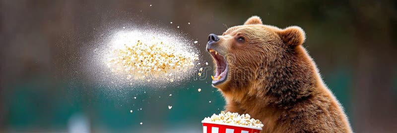 A Bear Enjoying Popcorn Outdoors with Enthusiasm in a Natural Setting ...