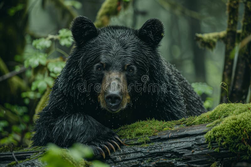 A Bear Exploring a Moss-covered Log in a Dense Forest, Looking ...
