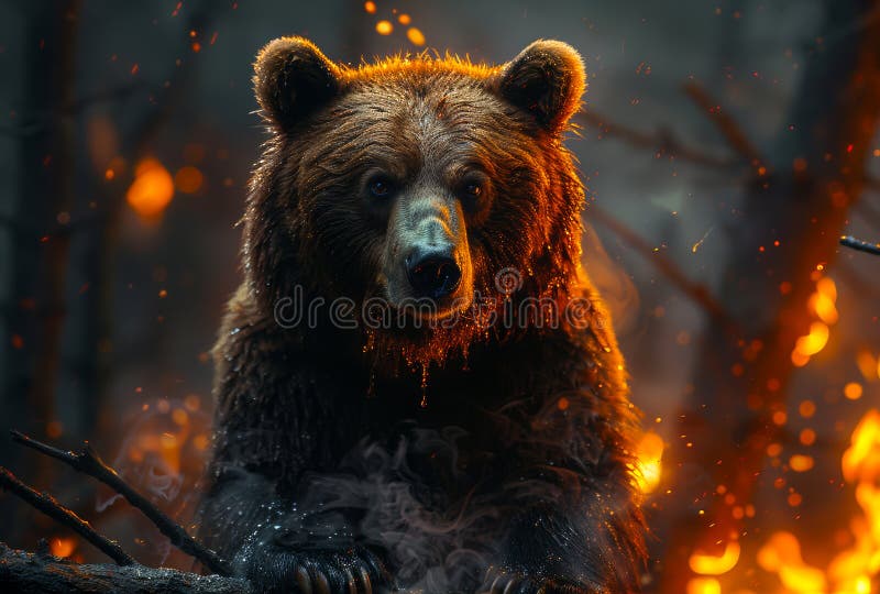 A Bear in the Fire Standing on a Branch Stock Image - Image of wildlife ...