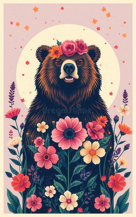 Bear with Flowers Illustration. Stock Image - Image of adorable, baby: 353200761