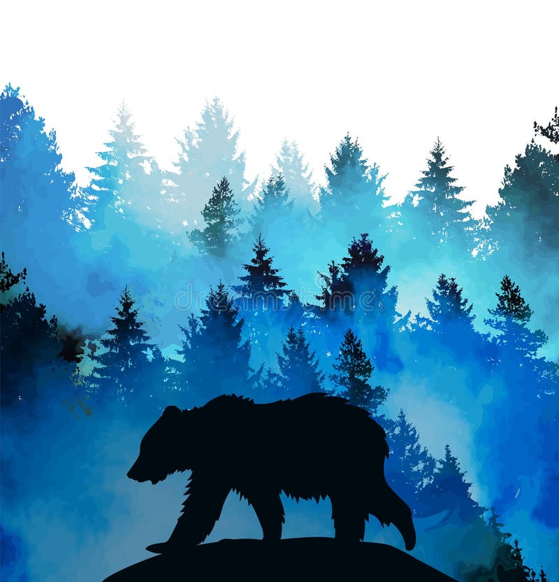 Bear in the Forest. Watercolor Blue Forest. Spruces and Pines. Vector ...