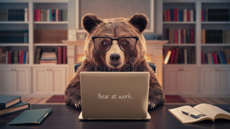 A Bear in Glasses Sitting at a Desk with Laptop Open, AI Stock Photo ...