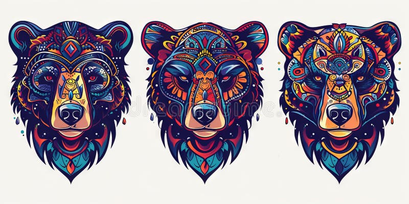 Bear Heads with Colorful Tribal Decorations in a Layout. Stock ...
