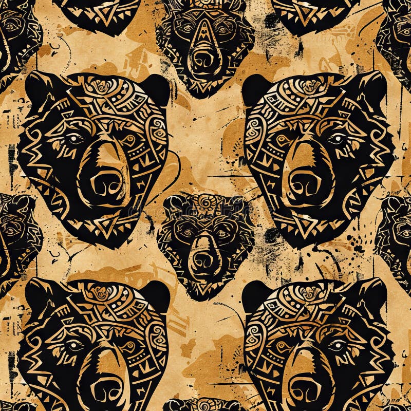 Bear Heads with Intricate Tribal Designs in a Repeating Pattern. Stock ...