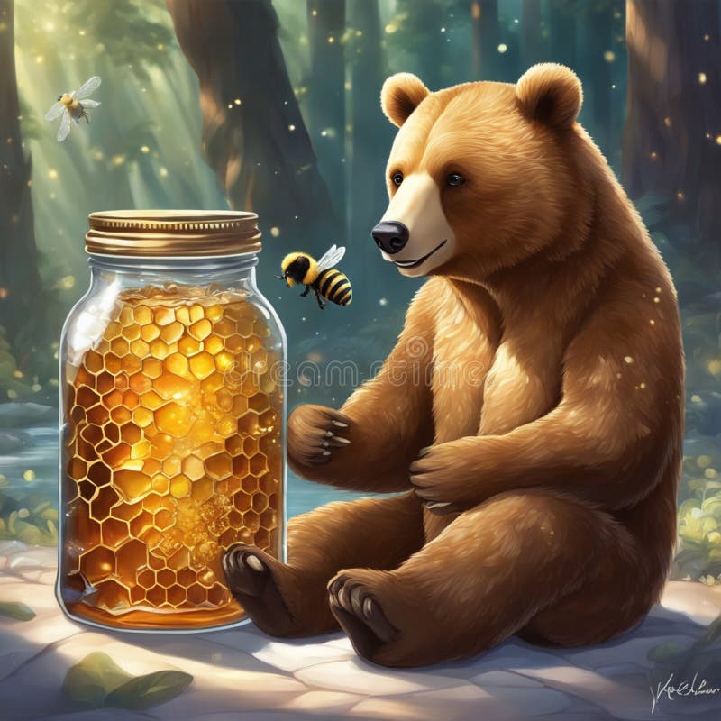 A Bear with a Jar of Honey and Honey Bee Insect in a Jungle Stock ...