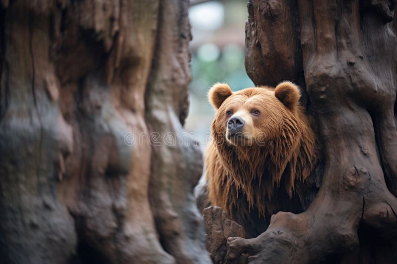 Bear Looking Out from Behind an Ancient Tree Stock Illustration ...