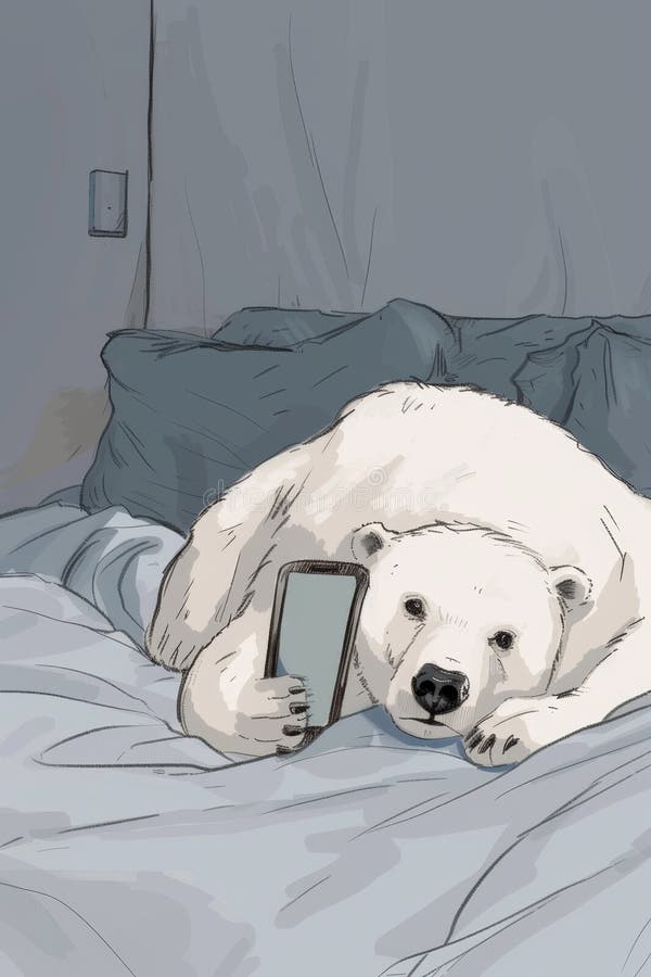 A Bear Lying on the Couch and Looking at a Smartphone. Illustration ...