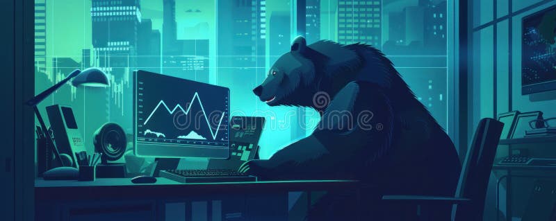 Bear Market Downturn a Bear Casting a Shadow Over a Computer Showing a ...