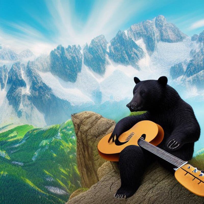 Bear Playing Guitar on Mountains in Spring Season Stock Illustration ...