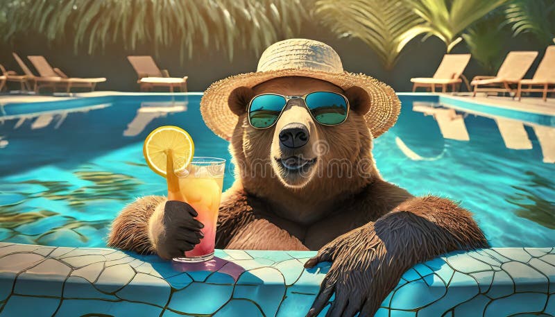 Bear in pool with drink stock illustration. Illustration of pool ...