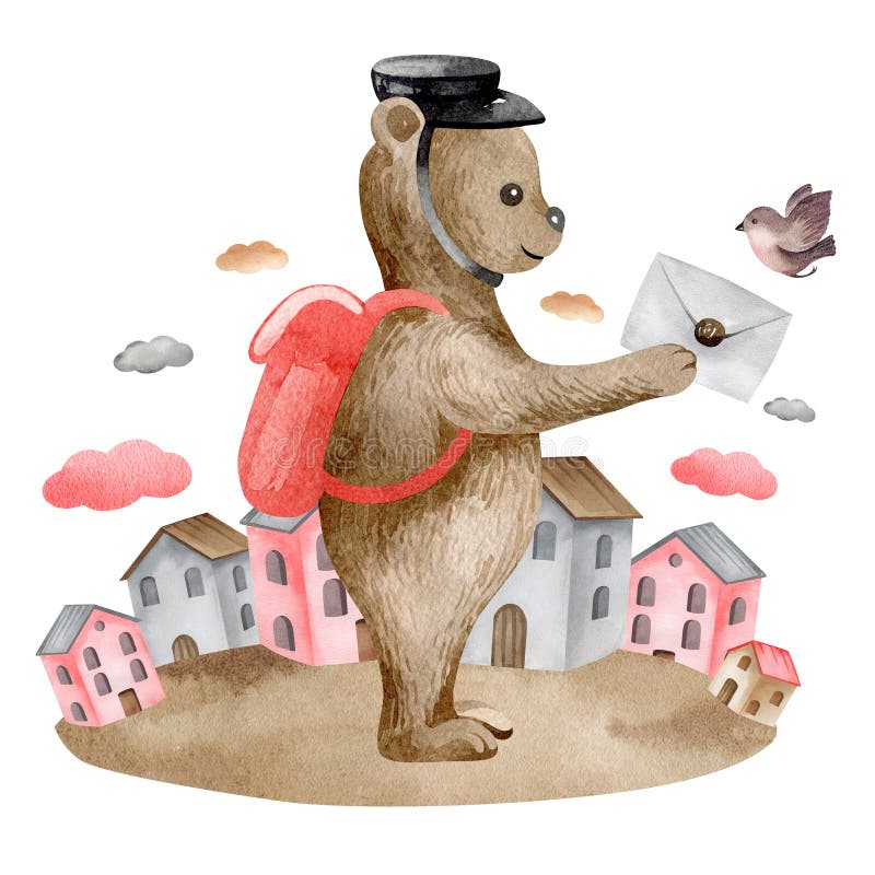 Bear the Postman and His Adventures Watercolor Pattern and Postcard ...
